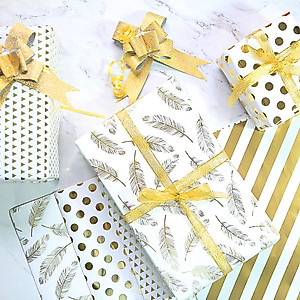 Gift Wrapping Supplies,8 Sheets White Gold Gift Wrapping Paper with 10 Pull Bows 24 Yard Glitter Ribbon and 12 Thank You Lable Sticker for Birthday Gift Wrap Christmas Gift Packing DIY Paper Craft