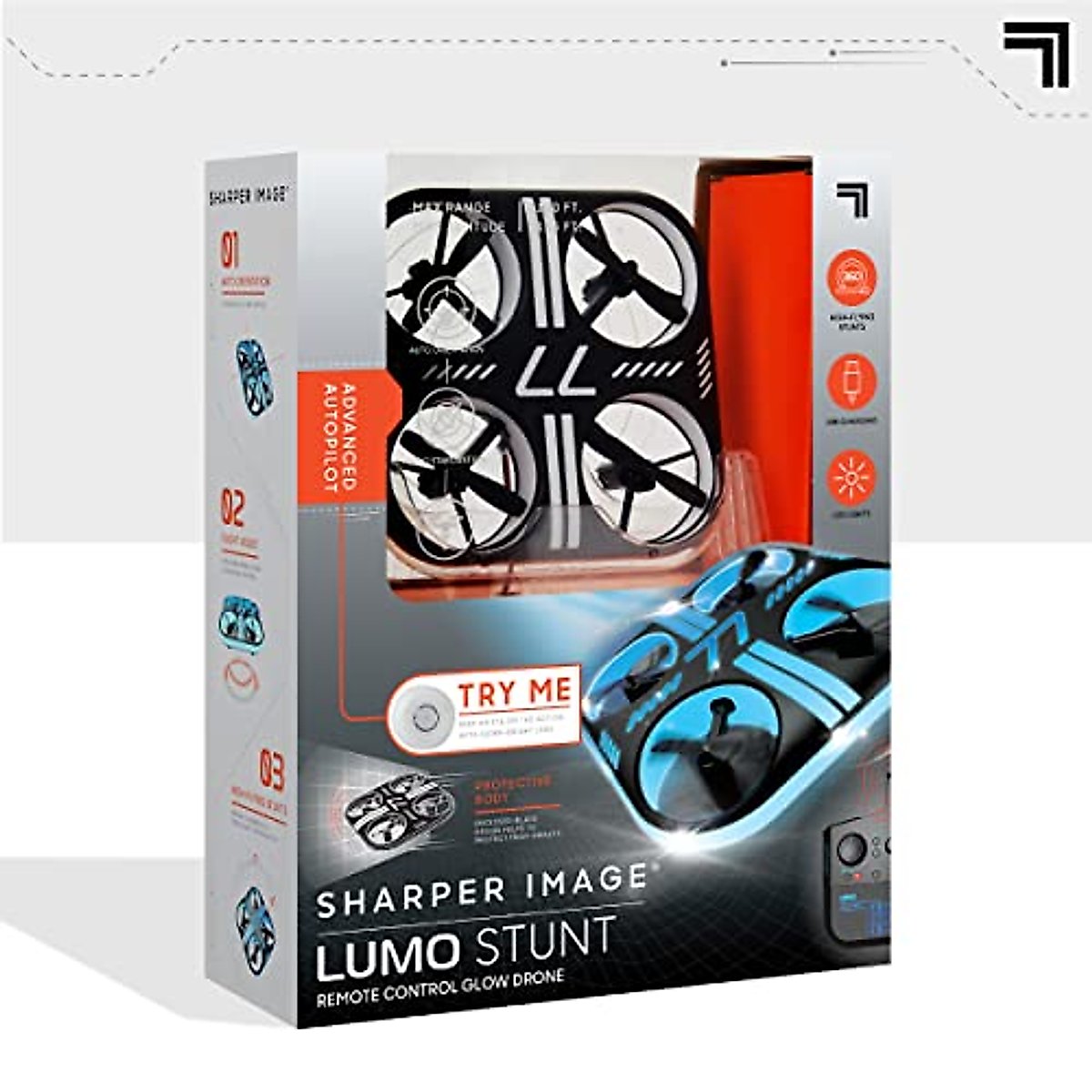 SHARPER IMAGE Lumo Stunt Remote Control LED Glow Drone, 2.4 GHz, Auto-Orientation, Assisted Landing & Gyro Stabilization, 3 Light Modes, Long Range Durability, Easy & Beginner Friendly Controls
