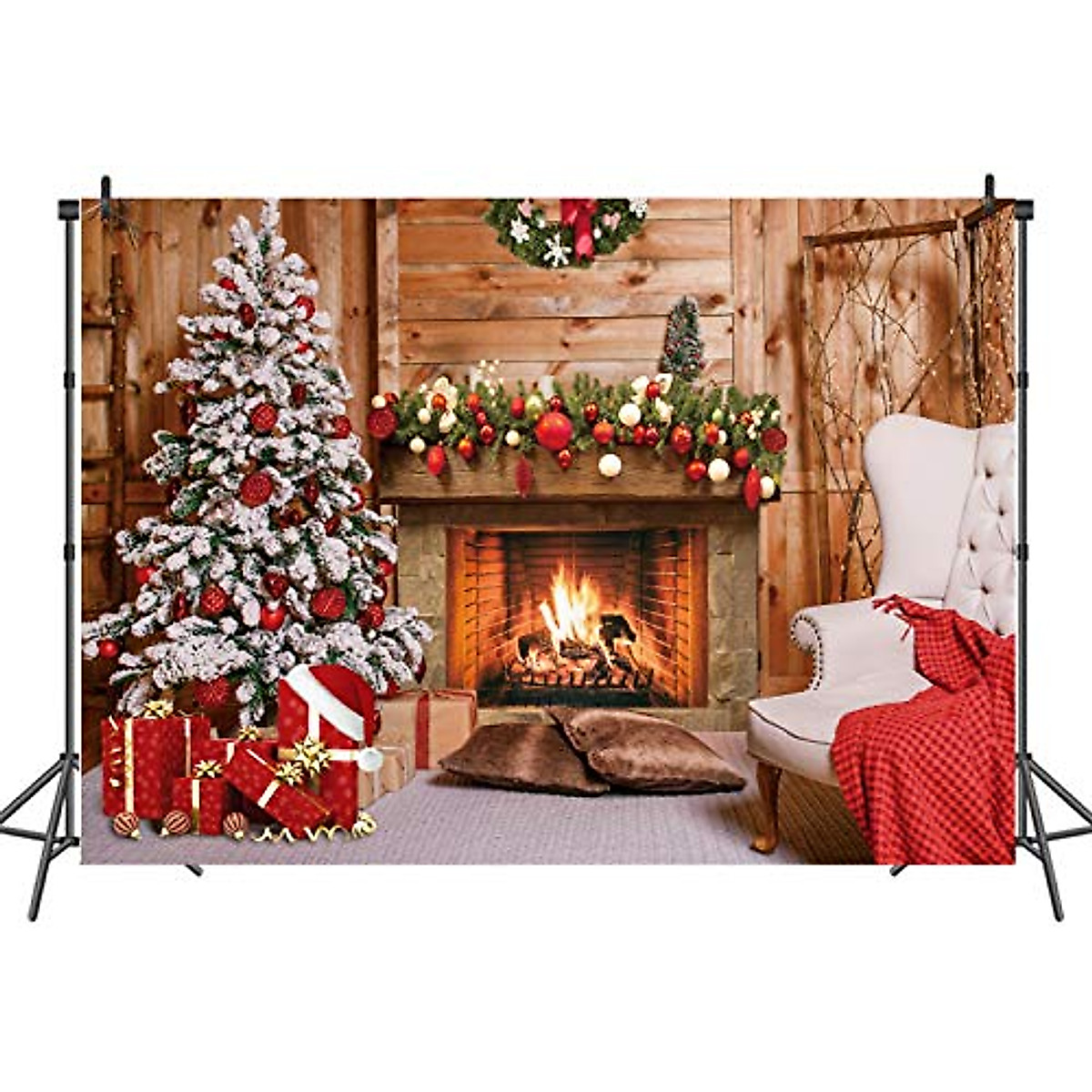 LTLYH 7x5ft Winter Christmas Photo Backdrop Christmas Rustic Fireplace Wooden House Decoration Backdrop Baby Kids Party Decorations Portrait Cake Table Banner Photo Studio Props 111