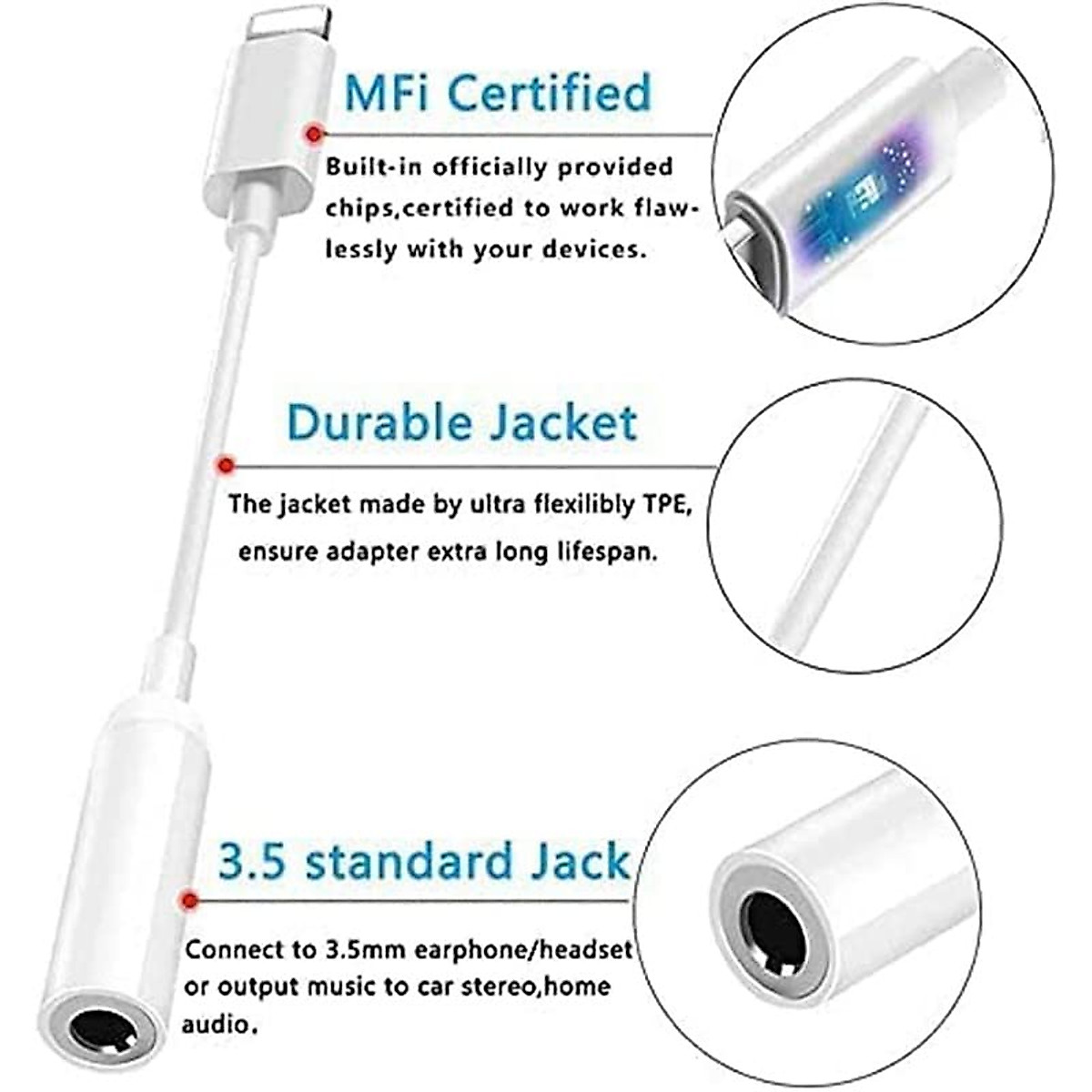 3 Pack Lightning to 3.5 mm Headphone Jack Adapter, [Apple MFi Certified] iPhone 3.5mm Headphones/Earphones Jack Aux Audio Dongle Adapter Compatible for iPhone 14 13 12 11 XS XR X 8 7 Support All iOS