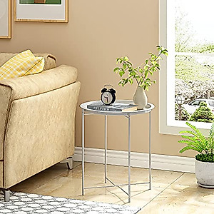 HOME BI Small Round End Table, Accent Side Table Nightstand with Removable Tray Top for Living Room Bedroom, Folding Mini Coffee Table, All Metal Frame, No Assembly Required, White