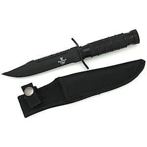 Snake Eye Tactical Fixed Blade Hunting Knife w/Survival Kit & Sheath Camping Fishing Matches Fish hooks Needles Compass (BLACK)