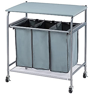 ALIMORDEN Laundry Sorter with Ironing Board Rolling Laundry Basket with Side pull 3-Bag Heavy-Duty Laundry Room Organizer Clothes Hamper with 4 Wheels and lid Blue Grey