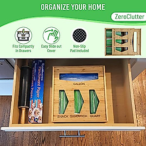 ZeroClutter Ziplock Bag Organizer for Kitchen Drawer: Fits Snack, Sandwich, Quart, Slider Quart, and Gallon Ziplock Bags; Bamboo Drawer Organizer for Kitchen Organization