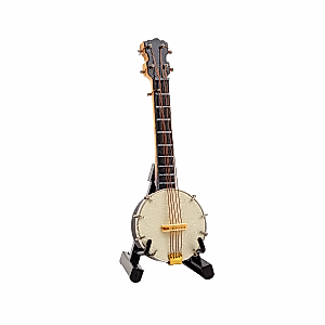 Dselvgvu Wooden Miniature Banjo with Stand and Case Mini Musical Instrument Banjo Replica Collectible Figurines Dollhouse Accessories Model Home Decoration Display Ornament (3.94"x1.31"x0.55")