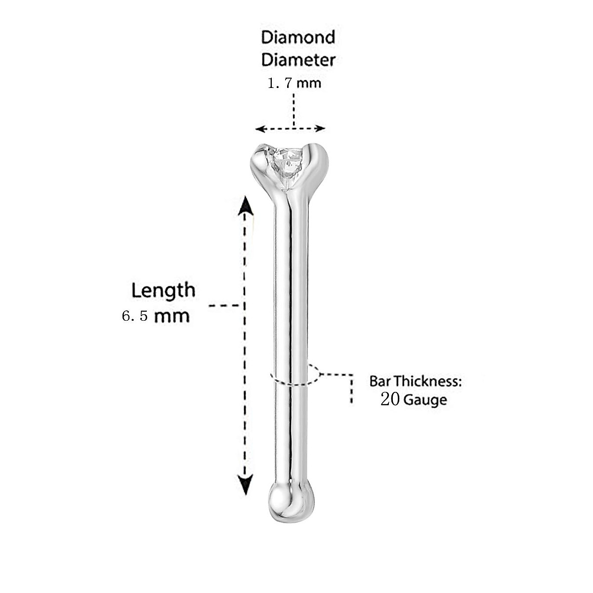 Lavari Jewelers 20 Gauge 0.02 Carat Lab Grown Diamond Straight Bone Nose Ring in 14k White Gold (D-E, I2-I3, cttw) 1.7 mm