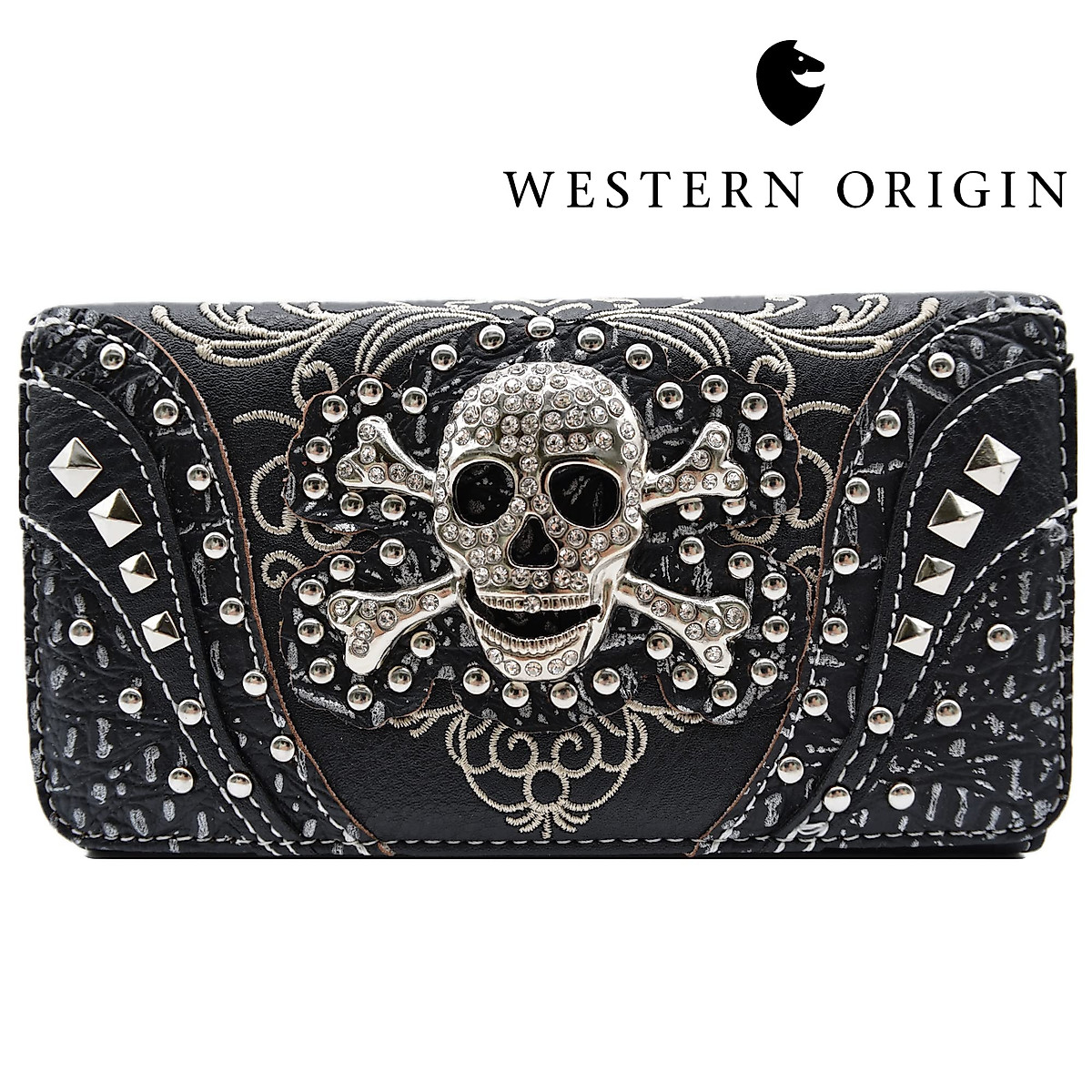 Punk Gothic Rock Metallic Skull Day of the Dead Floral Sugar Skull Leather Purse Women Handbag Shoulder Bag Wallet Set (#2 Black Set)