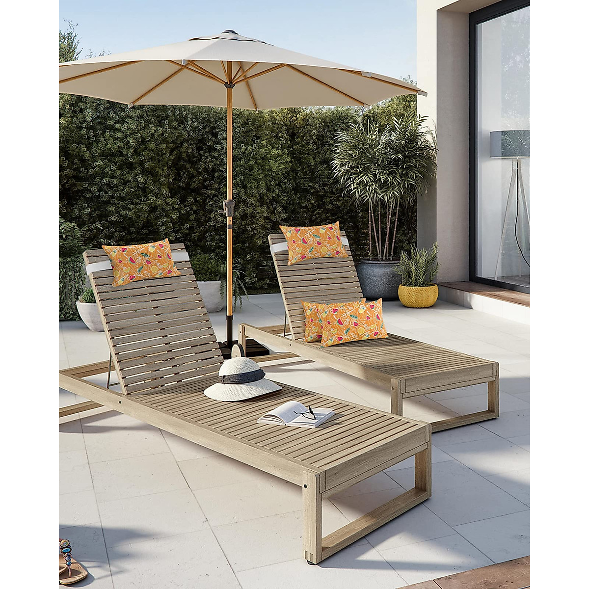 Outdoor Lumbar Pillow Set of 2, Summer Fruits Waterproof Beach Headrest Pillow with Inserts, Orange Tropical Botanical Recliner Throw Pillow Cushion for Patio Furniture, 11" x 16"