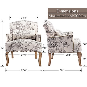 Shunzhi Mid Century Accent Chairs Modern Floral Armchair Upholstered Reading Chair Linen Farmhouse Single Sofa Chair with Pillow for Bedroom/Living Room/Fireplace, Beige, 1PC