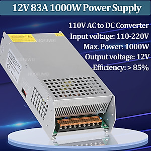 New Version DC 12V 1000W Power Supply Adapter 110V AC to 12V DC Converter Power Supply 12V 83A 1000W Switch Transformer for Motor Pump CCTV Security Camera Car Stereo 3D Printer and More 12V Device