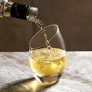 Lysenn Stemless Wine Glasses Set of 2 - Designer Hand Blown Crystal Whiskey Glasses - Unique Gold Base and Tilted Rim Brandy Snifter for Red Wine, Cocktails, Bourbon and Champagne – 10 oz.