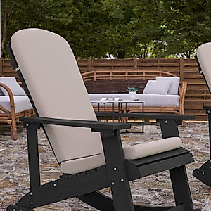 Merrick Lane Atlantic Rocking Adirondack Chairs with Cushions - Black Polyresin Construction - Cream Comfort Foam Cushions - Classic Design - Set of 2