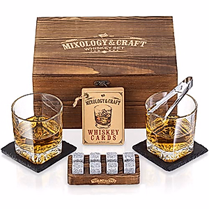Mixology Whiskey Stones Gift Set for Men - Pack of 2, 10 oz Whiskey Glasses w/ 8 Granite Chilling Rocks, 2 Coasters, Metal Tong & Cocktail Cards in Wooden Box - Square