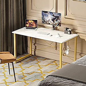 ODK Study Computer Desk 40 inch Home Office Writing Small Desk, Modern Simple Style PC Table with Storage Bag and Headphone Hook, White Marble + Gold Leg