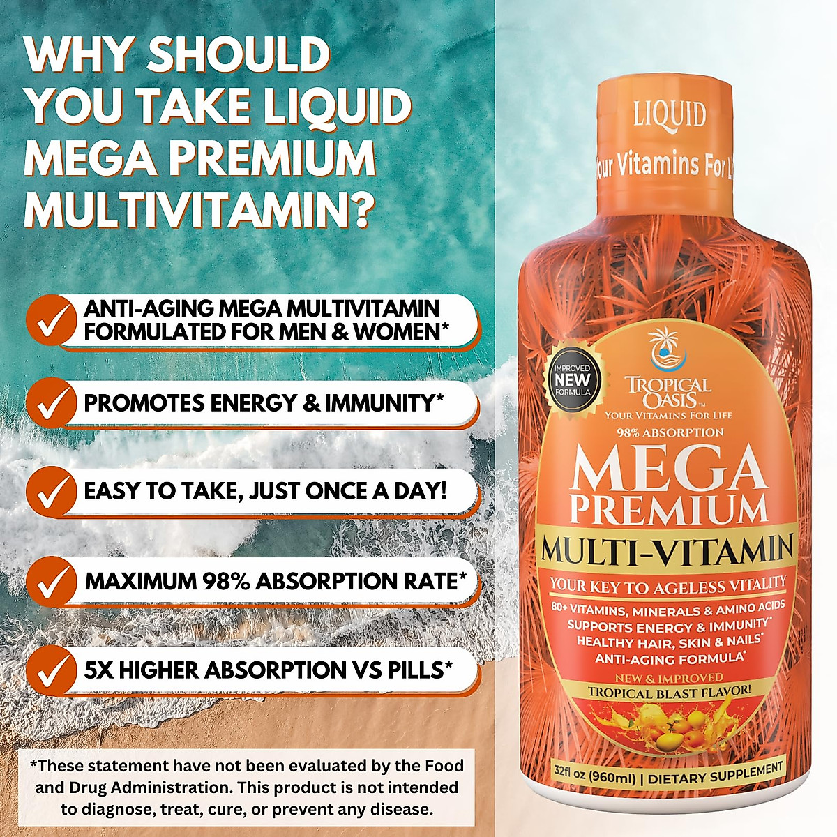 Mega Premium Liquid Multivitamin | Natural Immune Support Vitamin w/ 1333% Vitamin C, 200% D3, Zinc + 20 Vitamins, 70 Minerals, & 21 Amino Acids | Sugar Free | Orange Flavor | 98% Absorption | 32 Serv