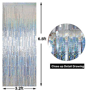 AIM & GGKK 3 Pack Neon Clear Fringe Curtains 3.28 Ft X 6.56 Ft Neon Clear Foil Backdrop Tinsel Curtains Neon Clear Metalic Door Streamer Photo Booth Wedding Graduations Birthday Event Party Supplie