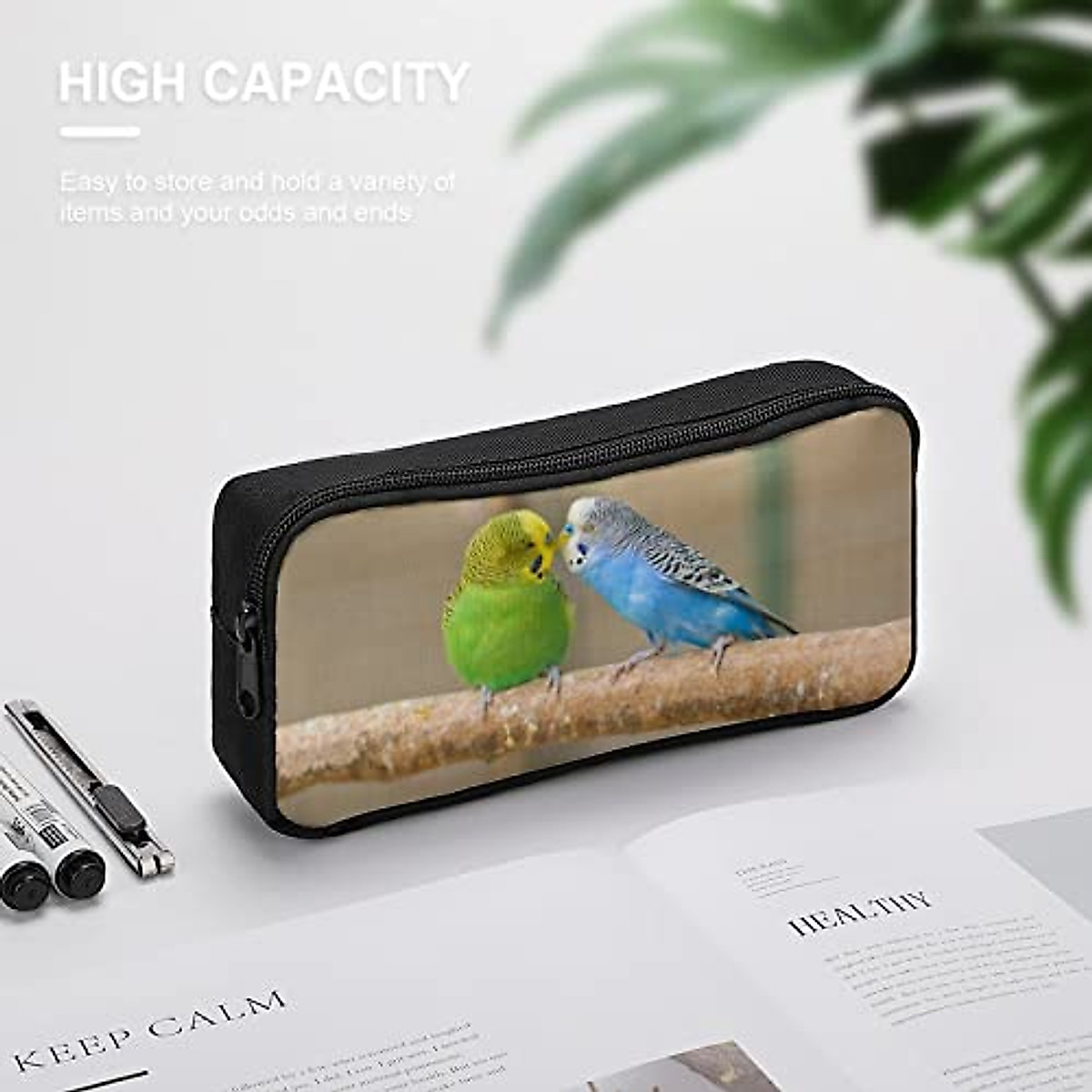 Parakeets Love-Birds Parrots on Branch Teen Adult Pencil Case Large Capacity Pen Pencil Bag Durable Storage Pouch
