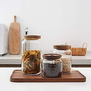 KMwares Set of 3 Clear Glass Food Jars/Canisters with Airtight Seal Acacia Wood Lids for Kitchen/Bathroom/Pantry Storage, Serving Pasta, Candy, Snack, Leaf Tea, Coffee Bean, Dry food