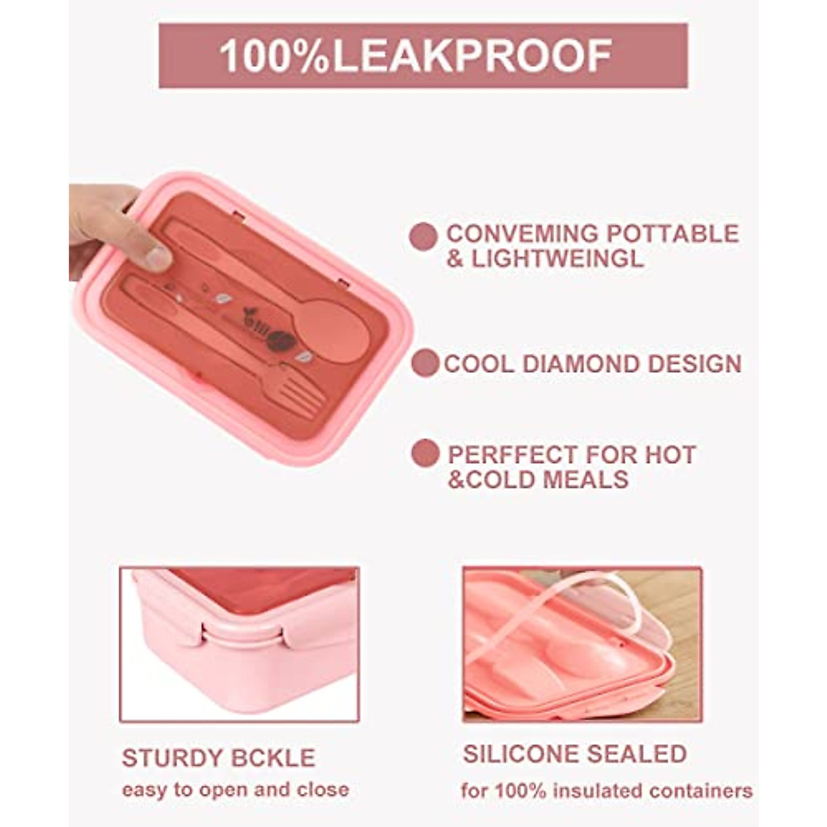 MUJUZE Bento Lunch Box for Adults/Kids, Bento Box Adult Lunch Box,Leak-Proof Bento Box for Kids, Microwable Bento Boxes,Containers for Lunch Food-Safe Materials and BPA-Free（Pink）