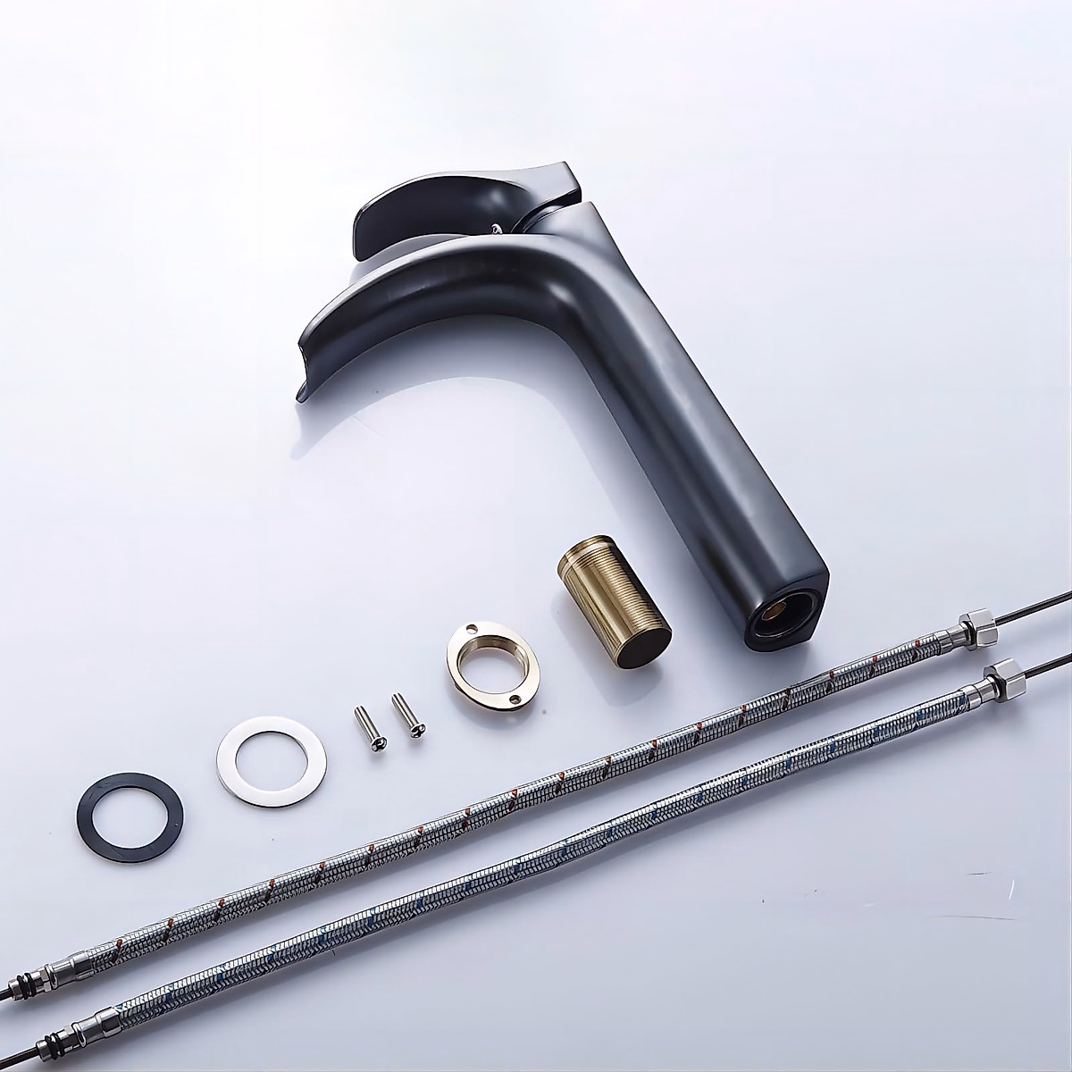 Yodel Faucet Matte Black Bathroom Vessel Sink Faucet Waterfall Spout Tall Single Hole with Metal Anti-Clogging Hair Catcher Pop Up Drain Without Overflow Lavatory Vanity Faucets