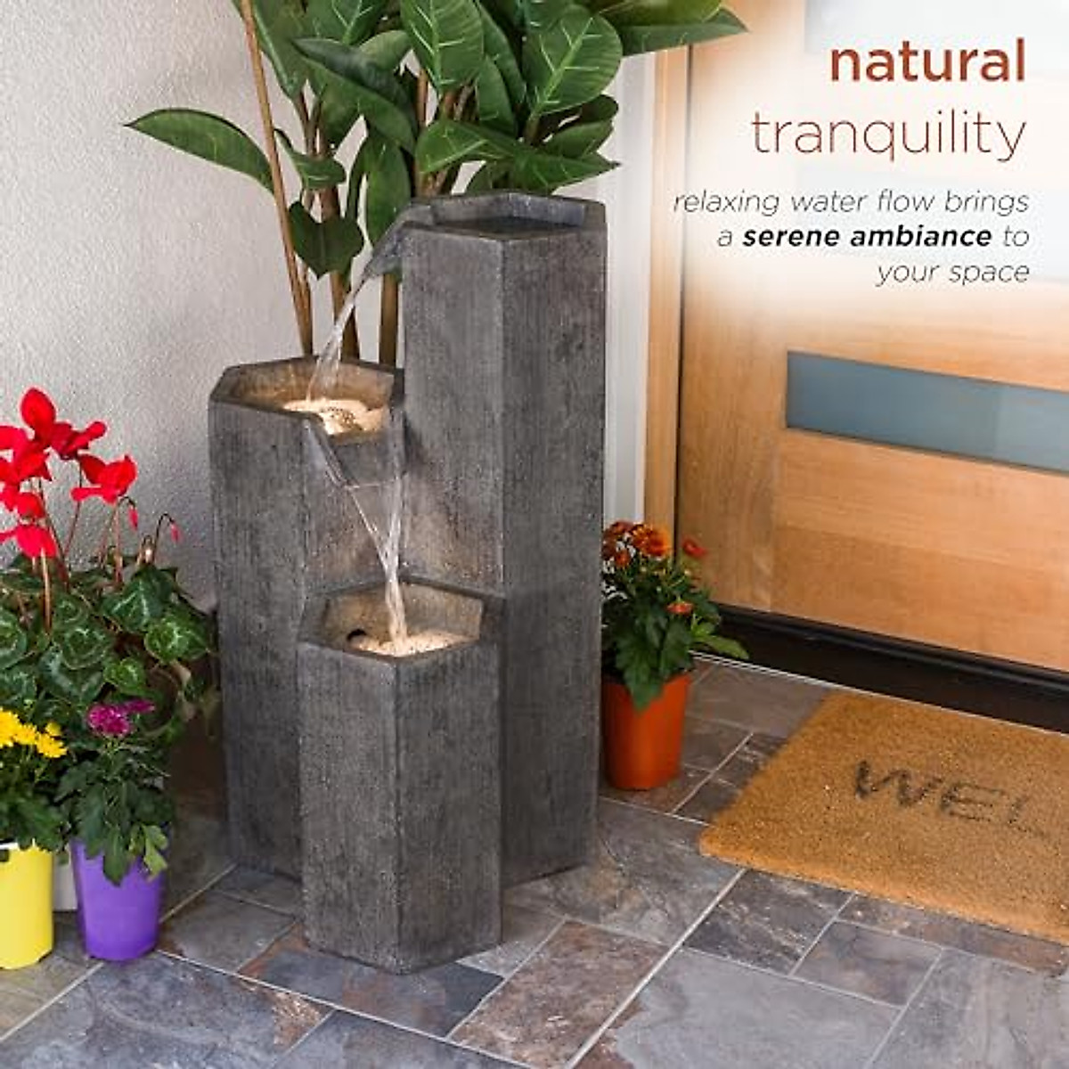 Alpine Corporation 25" Tall Indoor/Outdoor 3-Tier Hexagonal Columns Fountain with LED Lights