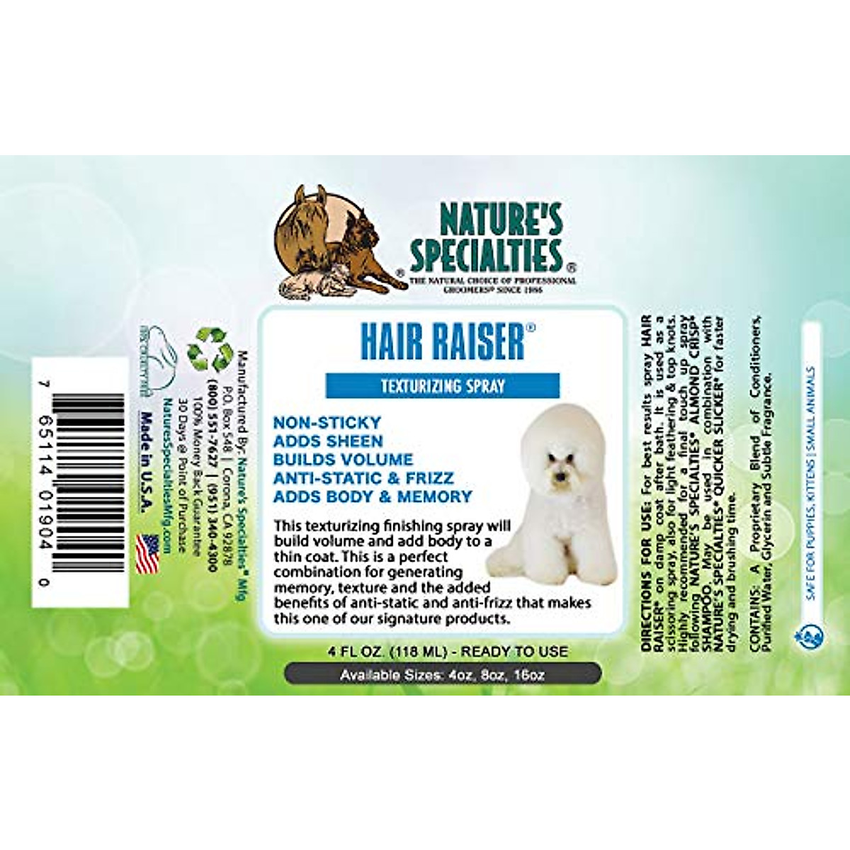 Nature's Specialties Hair Raiser Dog Texturizing Spray for Pets, Natural Choice for Professional Groomers, Builds Volume, Made in USA, 8 oz