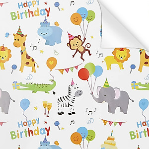 Birthday Wrapping Paper For Kids Girls Boys, Animals Party Design Gift Wrap Paper for Birthday Baby Shower, 4 Sheets Folded Flat 20x28 Inches Per Sheet, Monkey Lion Elephant Giraffe Alligator Zebra