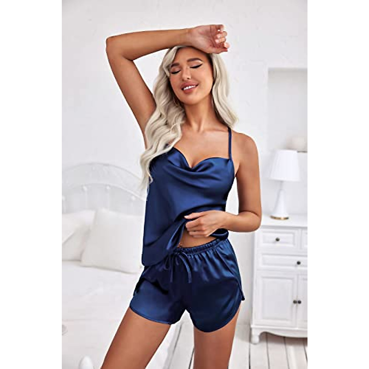MAXMODA Silk Lingerie for Women Sexy Pjs Set Cowl Neck Pajamas Set Cami Shorts Set Bride Pj Wedding Set (Navy Blue, XL)