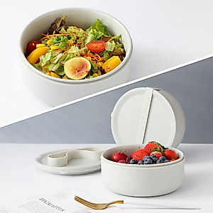 WALZION Ceramic Bowl Lunch Container with Lid,Protective Non-slip Exterior Snap-tight Silicone Strap, 22 oz，Food Storage, Bento Box, Meal Prep，Dishwasher Microwave Safe (light grey)