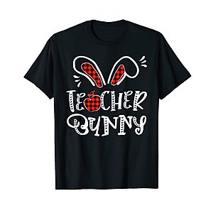 Teacher Bunny Apple Bunny Ears Buffalo Plaid Easter T-Shirt