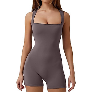 QINSEN Womens Sleeveless Square Neck Jumpsuit Elastic Waist Shorts Outfit One Piece Grey S