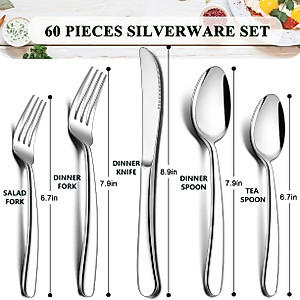 Herogo Heavy Duty Stainless Steel Silverware Set, 60-Piece Fancy Flatware Cutlery Set for 12, Modern Tableware for Home Restaurant Wedding, Heavy Eating Utensils Set, Mirror Polished, Dishwasher Safe