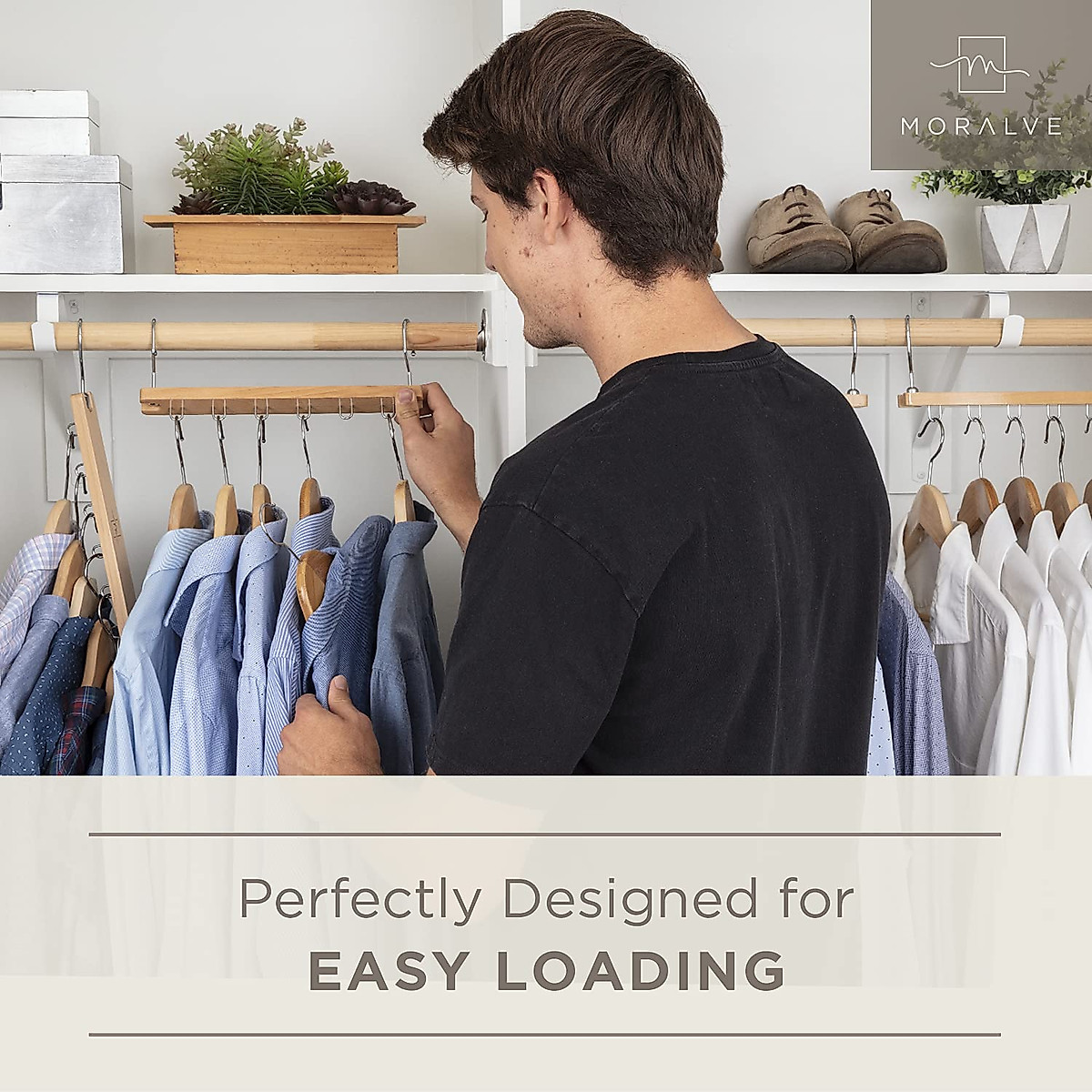 MORALVE Space Saving Hangers for Closet - 4 Pack European Beechwood Shirt Organizer with 360° Swivel Hook - Collapsible Clothes Hangers for Space Saving and Closet Organization