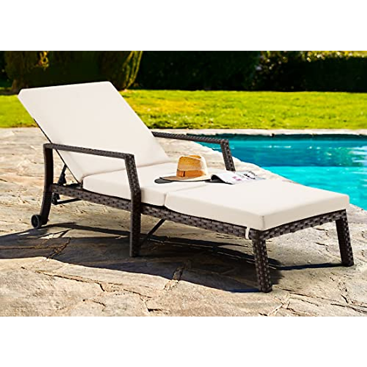 UPHYB Chaise Lounge Chair for Outside, Rattan Wicker Outdoor Lounge Chair, Adjustable Pool Lounge Chair with 2 Wheels & Thickened Cushion for Patio Poolside Deck (Khaki)