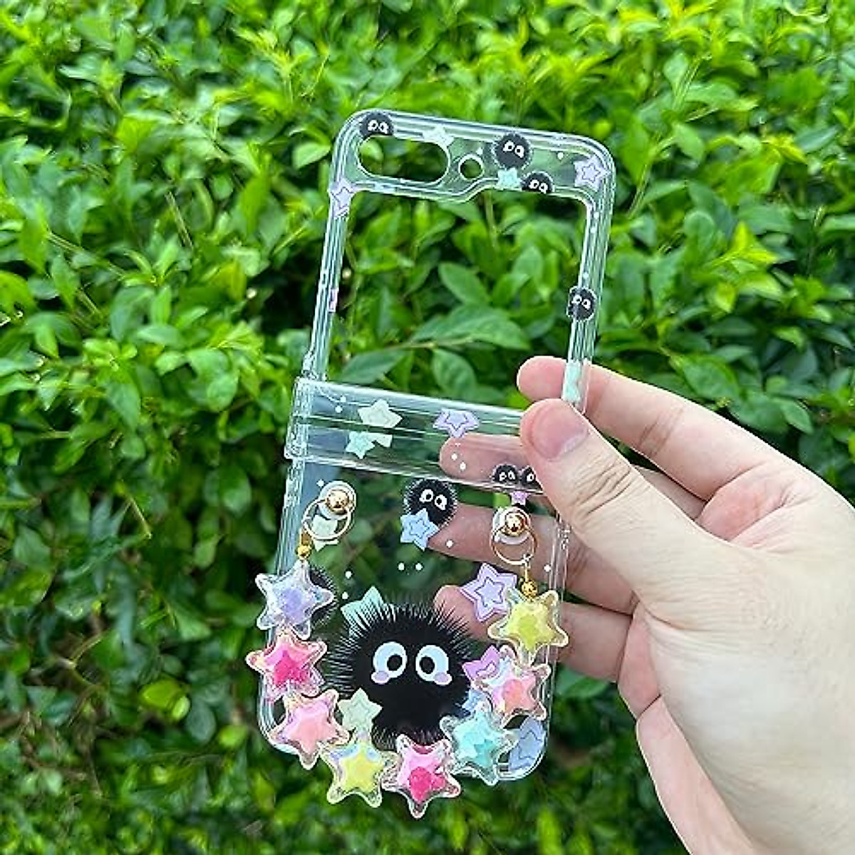 NXBNK for Galaxy Z Flip 5 Case, Soot Sprite Floral Hard Clear Phone Case for Samsung Galaxy Z Flip 5 2023 Plus a free phone chain, Cartoon Flip Case for Girls Women - Soot Sprite