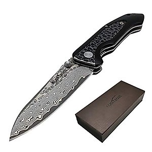 ALBATROSS Ebony wood 7.5" EDC Sharp Damascus Folding Pocket Knife with Liner Lock - Gift Box - HGDK011