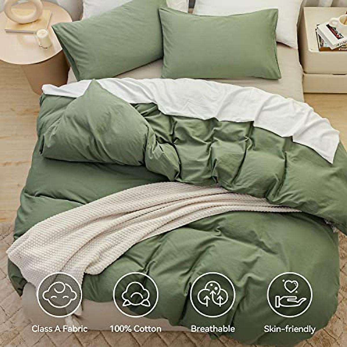 JELLYMONI Green 100% Washed Cotton Duvet Cover Set, 3 Pieces Luxury Soft Bedding Set with Zipper Closure. Solid Color Pattern Duvet Cover Queen Size(No Comforter)