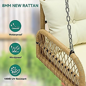 YITAHOME Porch Swing Hanging Wicker Swing Rattan Patio Swing Lounge Swing Chair Hammock Swing Chair Cushions 550lbs for Garden, Patio, Balcony, Living Room, Beige