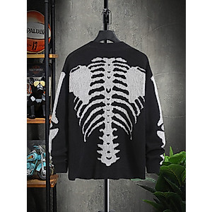 GORGLITTER Men's Skeleton Cardigan Sweater Y2K Long Sleeve Lightweight Open Front Sweater Black and White Large