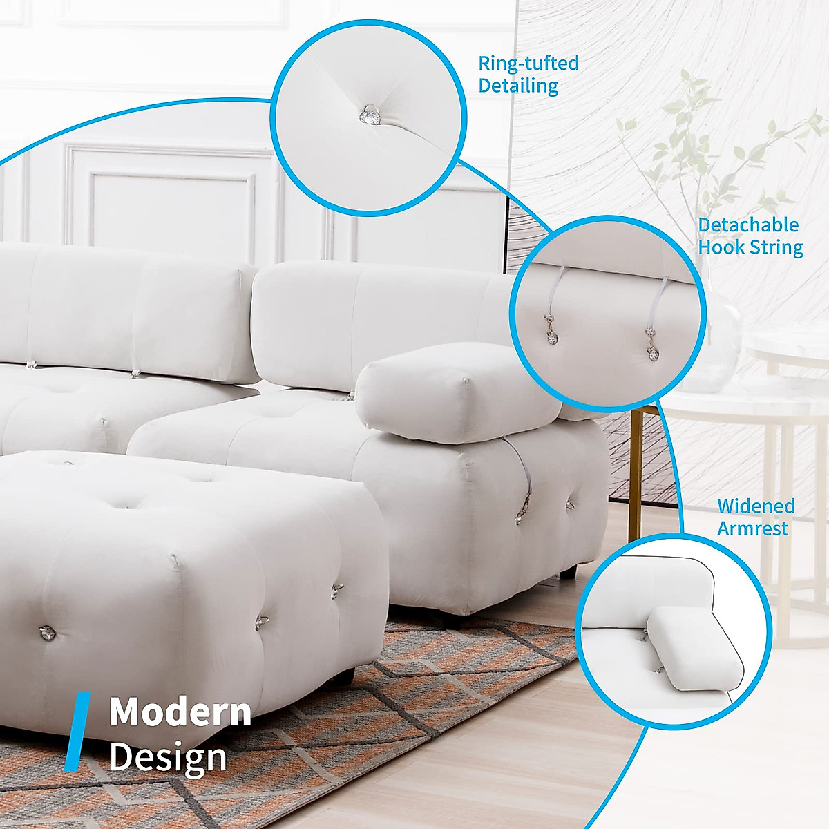 Mjkone Modular Sectional Sofa with Reversible Chaise, Velvet L Shaped Cloud Couch with Reversible Ottoman, 4 Seater Couch Button Tufted Designed Cloud Sofa, DIY Combination Sofa for Living Room,Beige