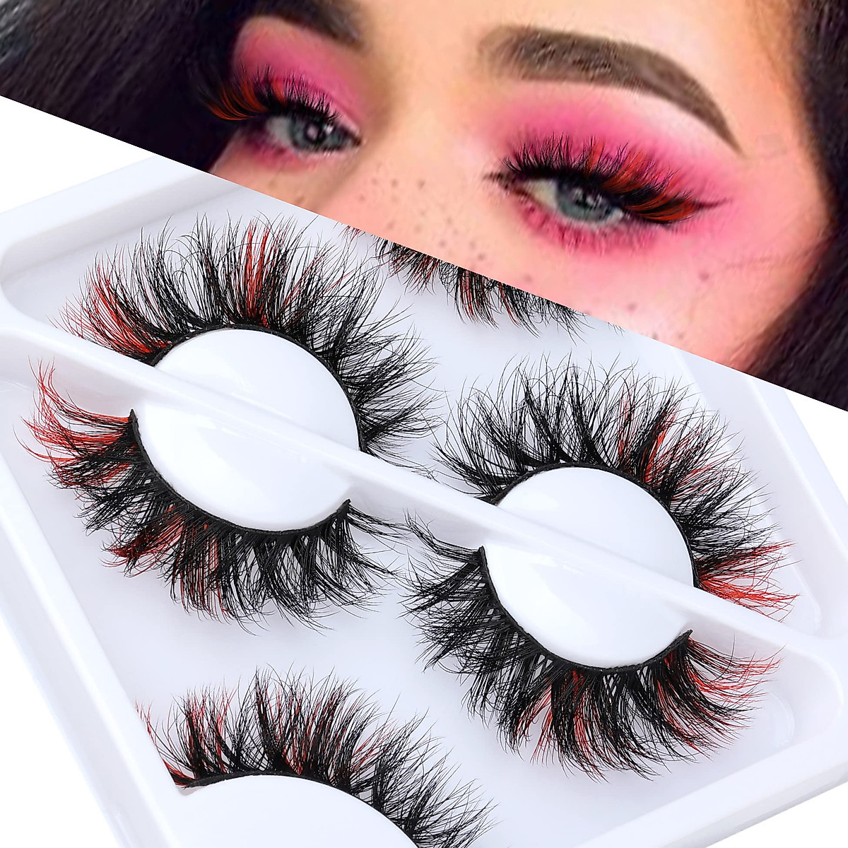 Red False Eyelashes with Color Cat Eye Lashes Mink Dramatic Fluffy Long Fake Lashes Christmas Wispy Strip Curly Lashes Pack 3 Pairs