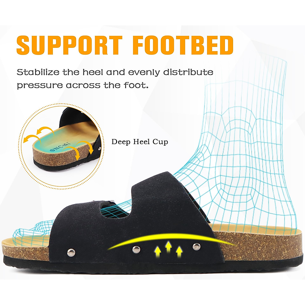 ONCAI Womens Comfortable Sandals Knock Off Clogs Sandals Women Dressy Summer Flat with Arch Support Two Strap Slip On Adjustable Buckle Slides Shoes for Women Black Size 8.5