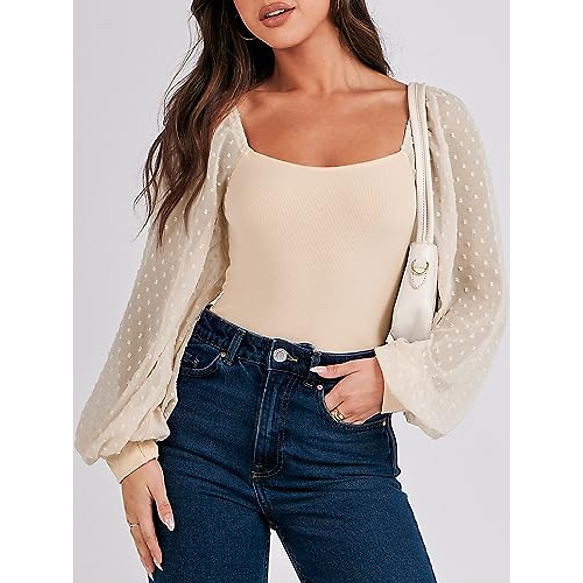 ANRABESS Rompers for Women Sheer Swiss Dot Puff Sleeve Square Neck Bodysuit Fall Casual Long Sleeve Dressy Leotard Top 1071xingse-L