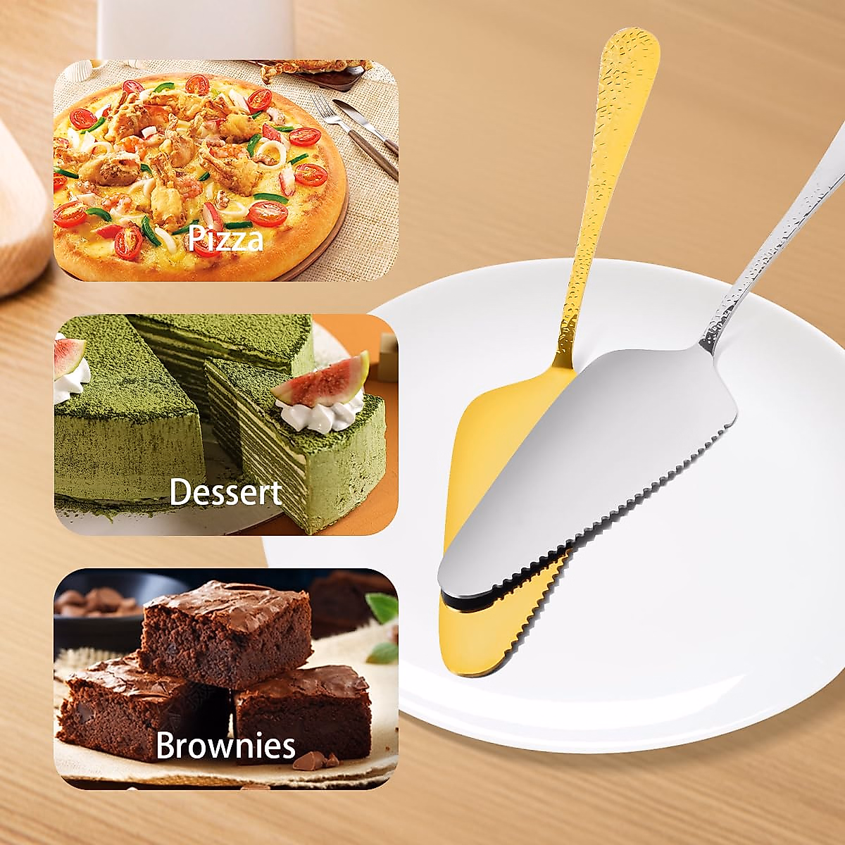 Ymeibe Stainless Steel Cake Server Pack of 10 Hammered Pie Holder Transfer Triangular Spade Spatula Serrated Edge for Pizza Cake Baking Safe in Dishwasher (Gold)