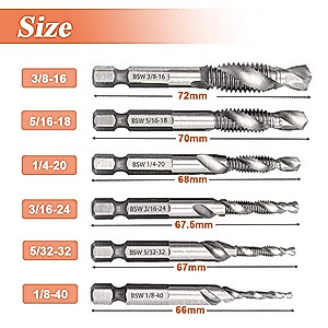 Mesee 6 Pieces Drill Tap Combination Bit Set, 1/4'' Hex Shank HSS Deburr Countersink Bits Spiral Screw Tap Tool Kit - Imperial 1/8 5/32 3/16 1/4 5/16 3/8