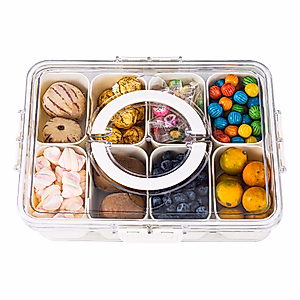 Amzcku Divided Serving Tray with Lid and Handle - Snackle Box Charcuterie Container for Portable Snack Platters - Clear Organizer for Candy, Fruits, Nuts, Snacks - Perfect for Party, Entertaining