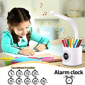 YOUKOYI LED Desk Lamp, Desk Lamps for Home Office, 10W Dimmable Study Desk Light with Pen Holder&Colorful Night Light&Clock, Kids Desk Lamp- 4 Lighting Modes&5 Brightness Level, Eye-Care Reading lamp