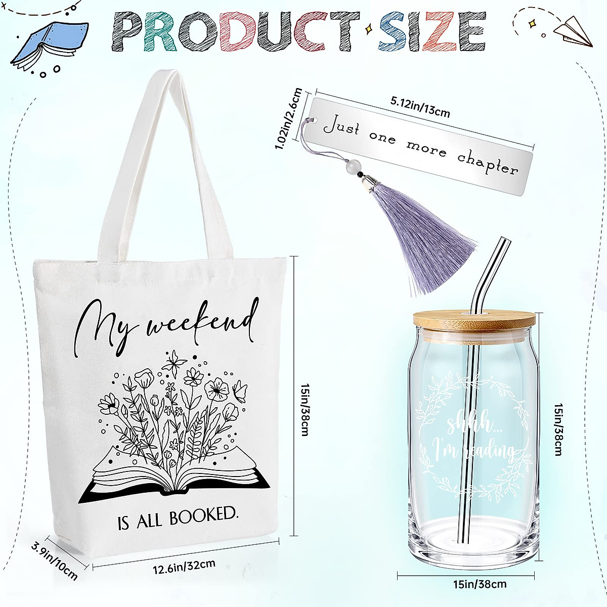 Inbagi Book Lovers Gifts Set Include 16oz Drinking Glass with Bamboo Lid and Straw for Library Tote Bag Stainless Steel Bookmark Gift for Reader Teacher Women(Elegant, 13 x 15 x 4'')