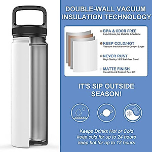 Insulated Water Bottle with Straw 25 oz Stainless Steel Water Bottles BPA-Free Leak Proof Double Wall Vacuum Metal Water Bottle with 2 Lids for Biking Hiking Camping-WHITE