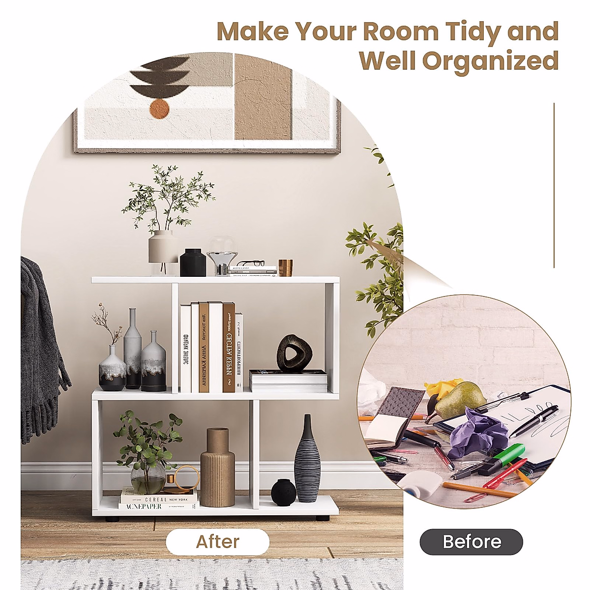 Tangkula 2 Tier Geometric Bookshelf, Freestanding Wood Display Shelf, Home Office Decor Room Divider S Shaped Open Bookcase, Small Bookshelf for Small Spaces, Living Room, Study (White, 1)